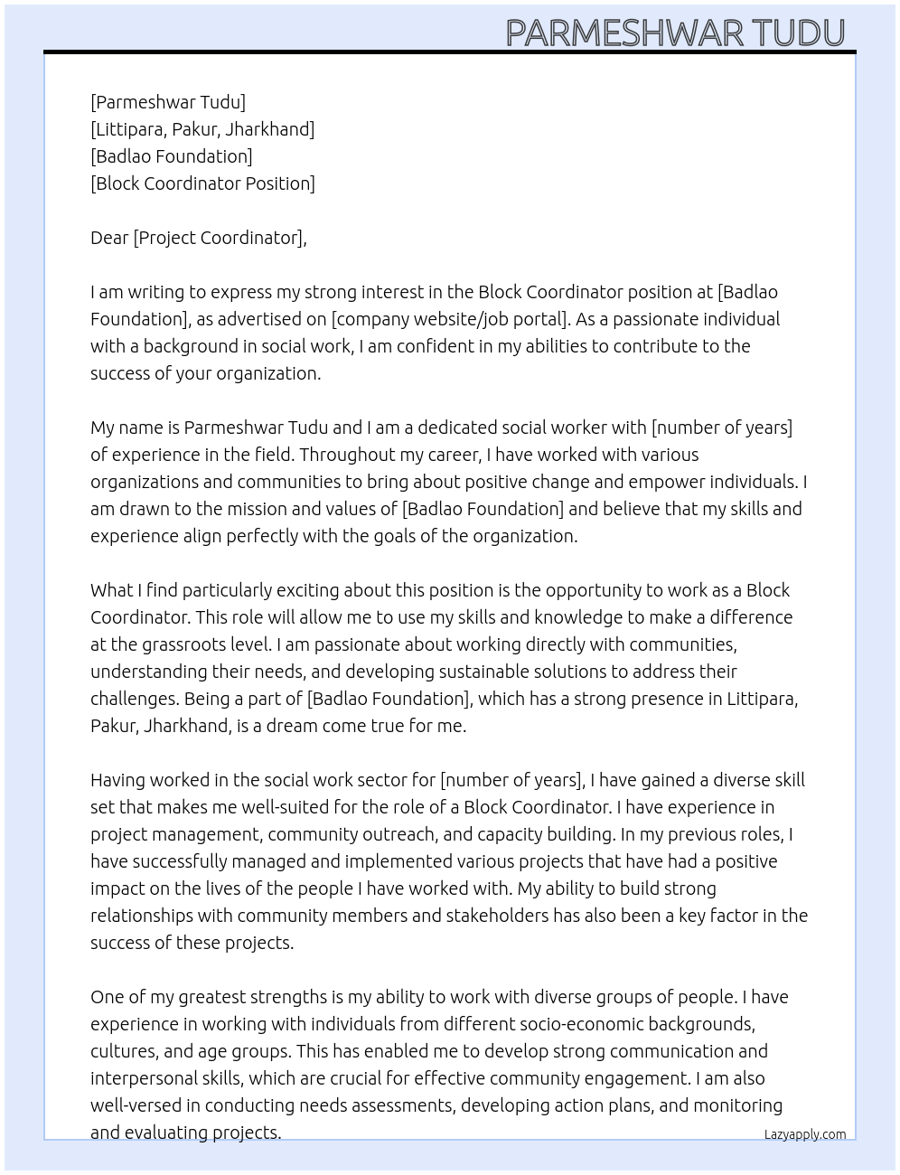 Cover letter for block coordinator - LazyApply