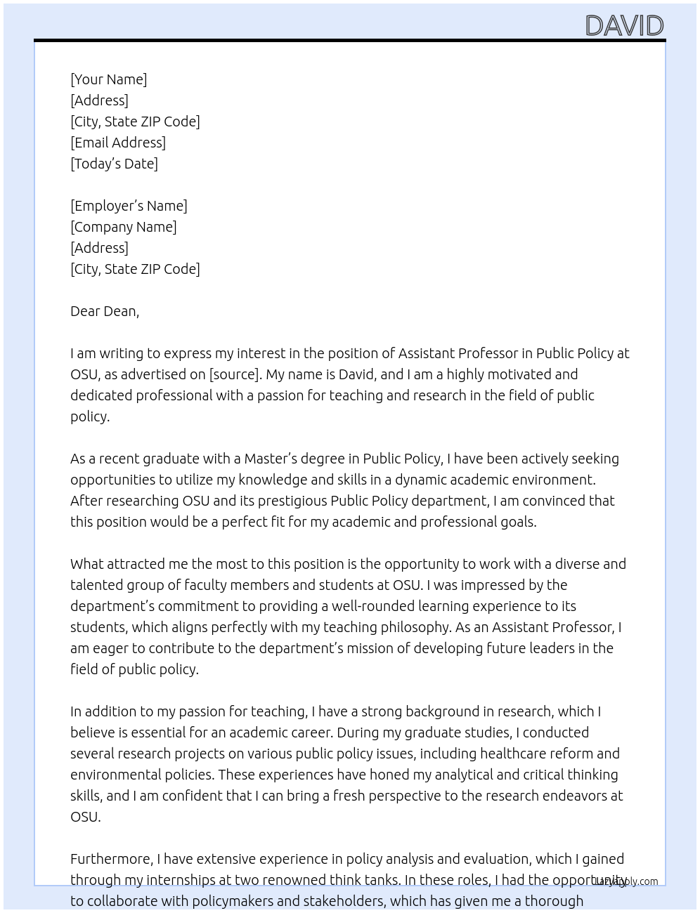 Cover letter for assistant professor public policy - LazyApply