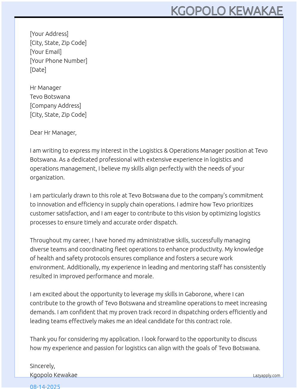 Cover letter for logistics & operations manager - LazyApply