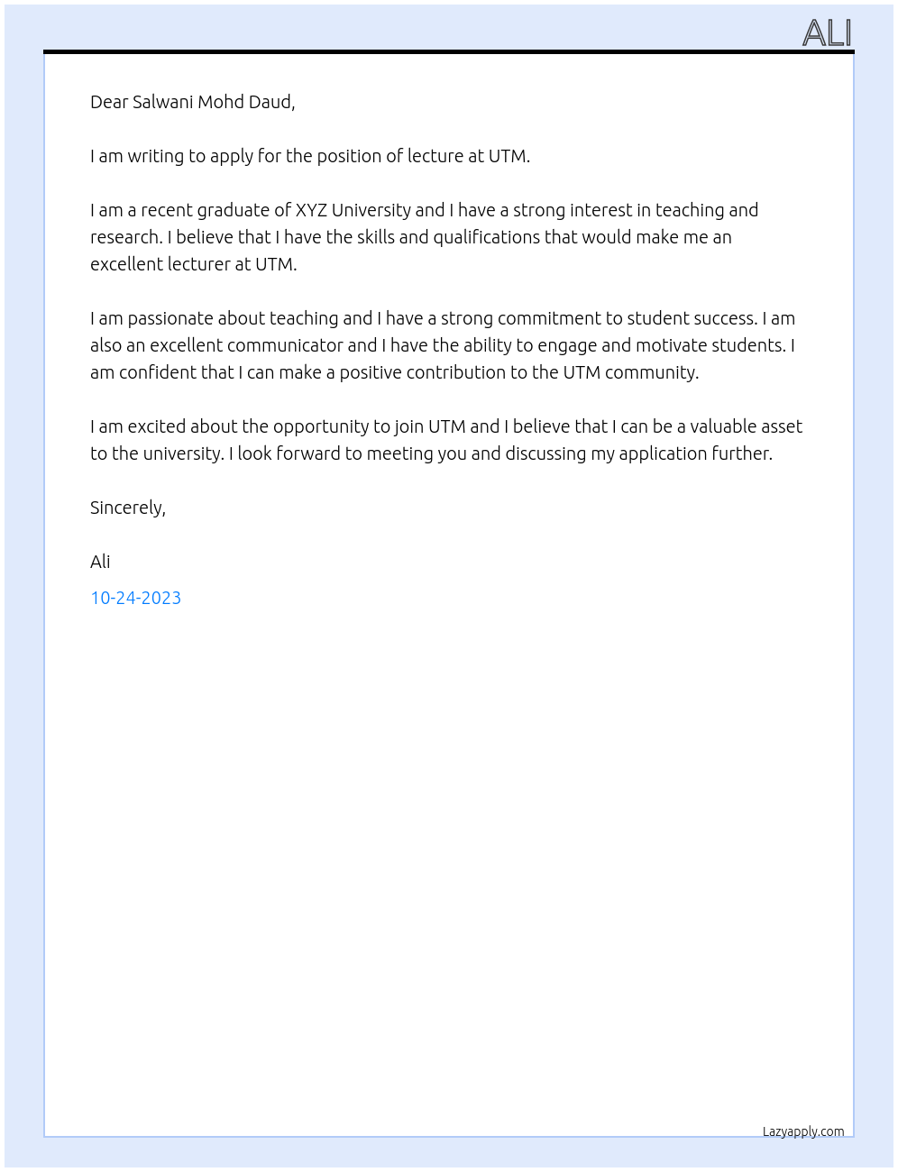 Cover letter for lecture - LazyApply