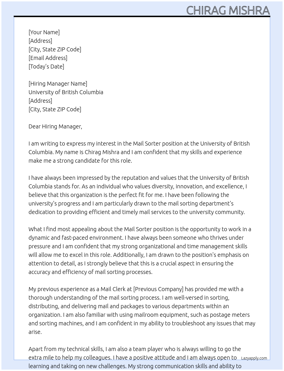 Cover letter for mail sorter - LazyApply