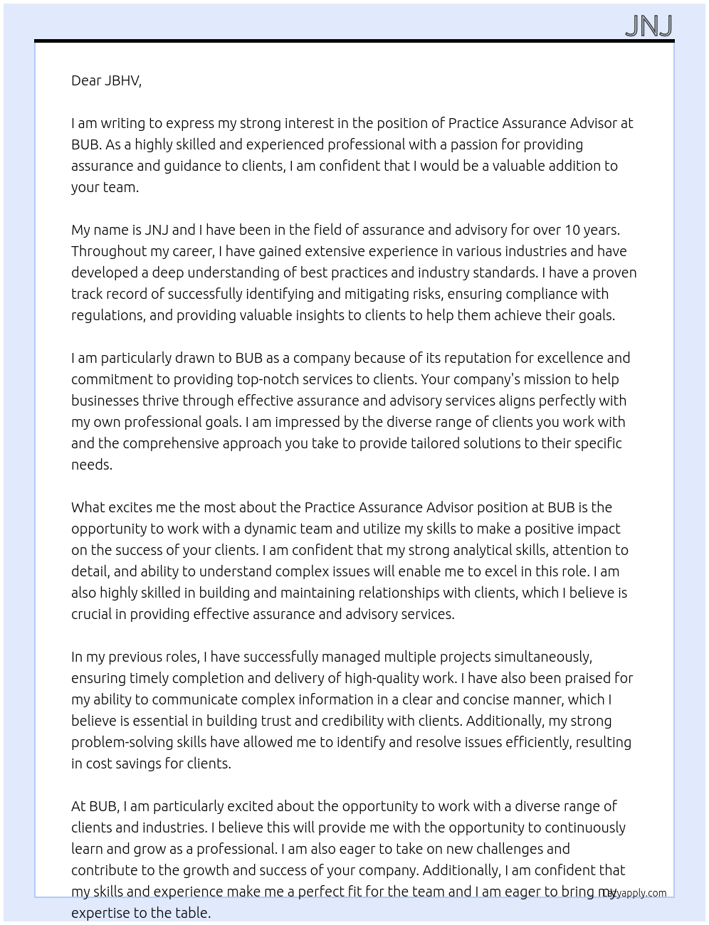 Cover letter for practice assurance advisor - LazyApply