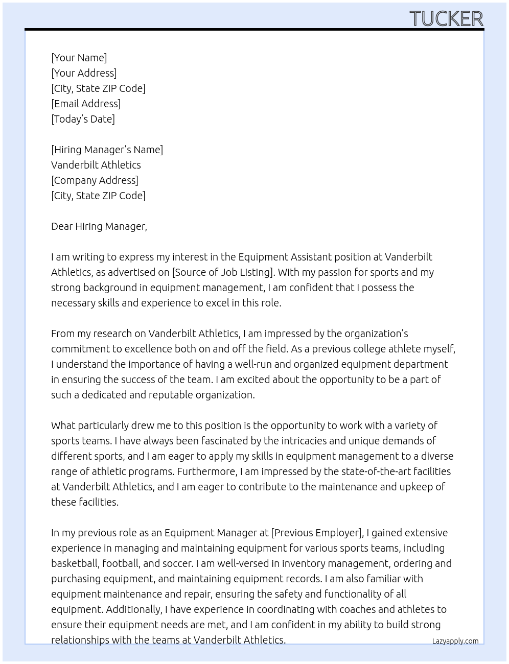 Cover letter for equipment assistant - LazyApply