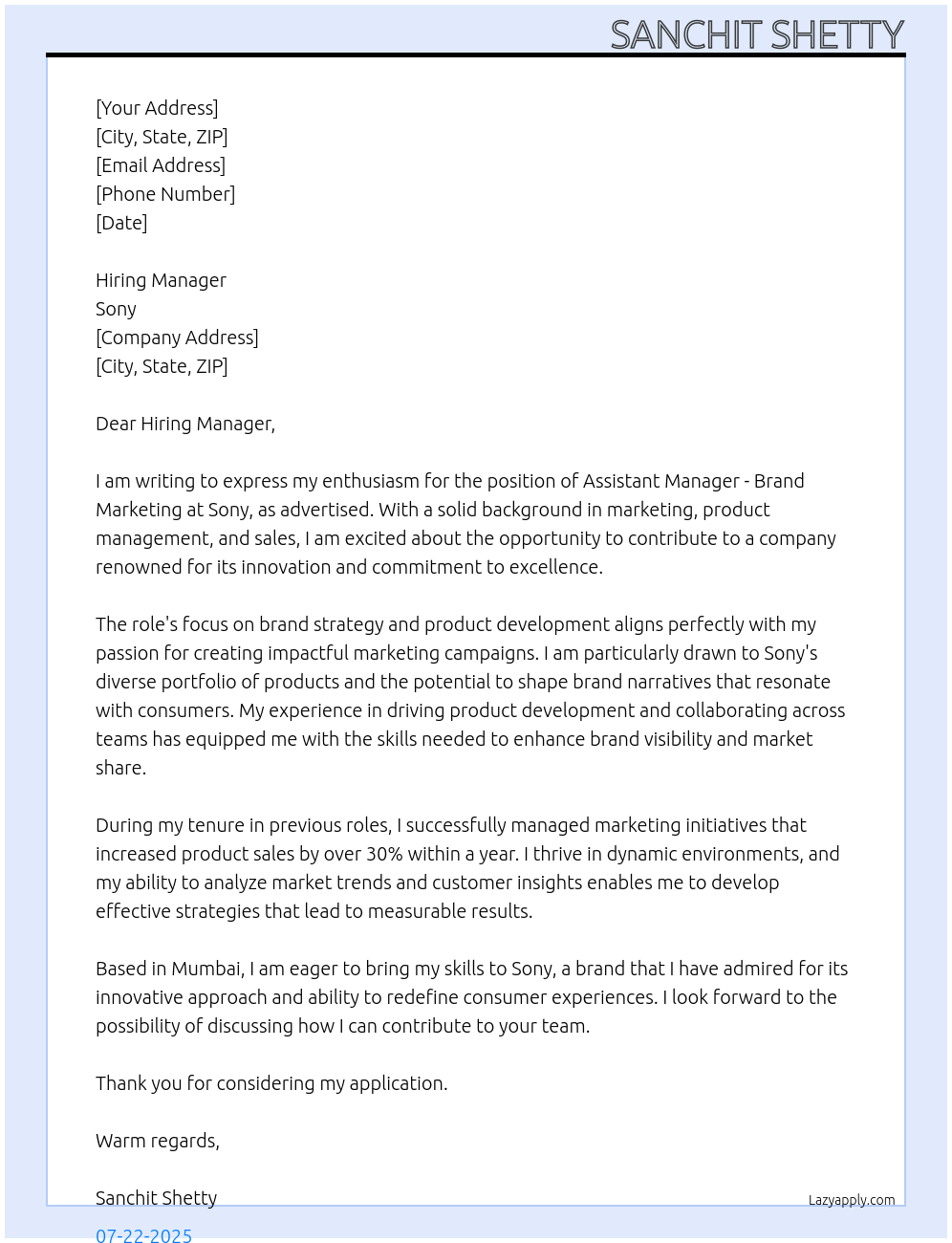 Cover letter for assistant manager - brand marketing - LazyApply