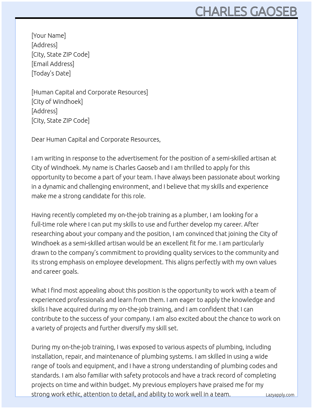 Cover letter for semi-skilled artisan - LazyApply