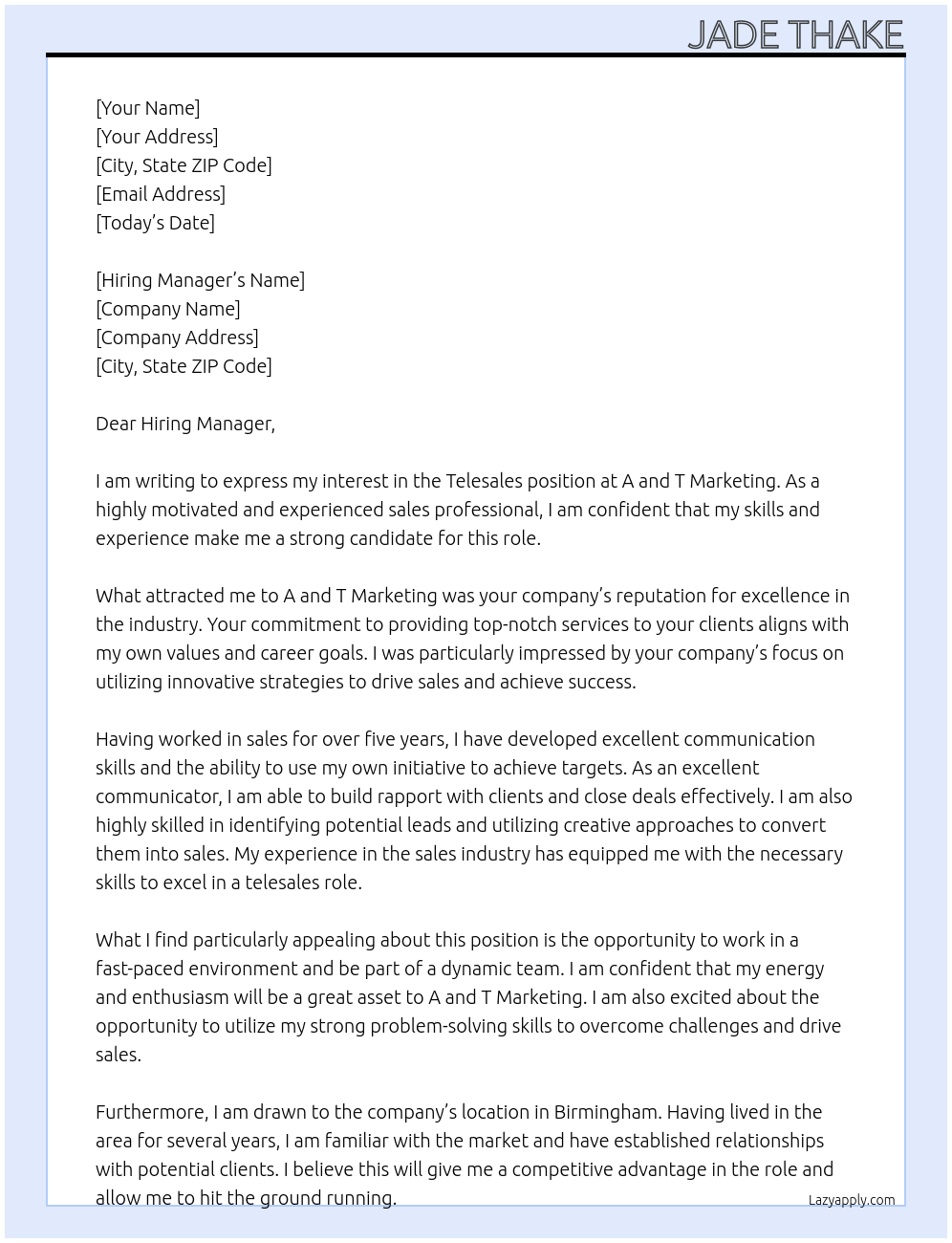 Cover letter for telesales - LazyApply