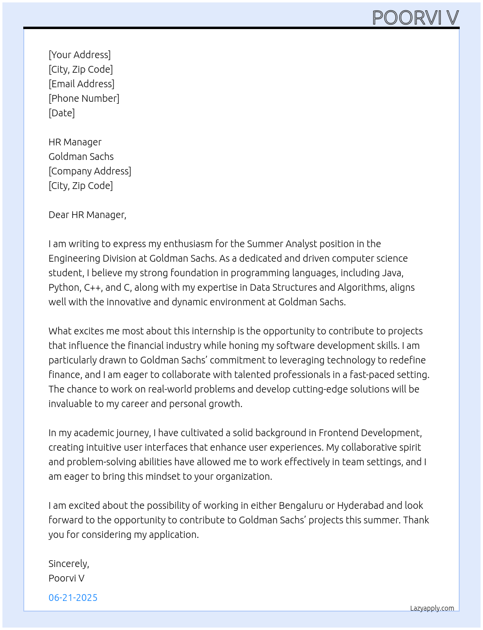 Cover letter for summer analyst - engineering division - LazyApply