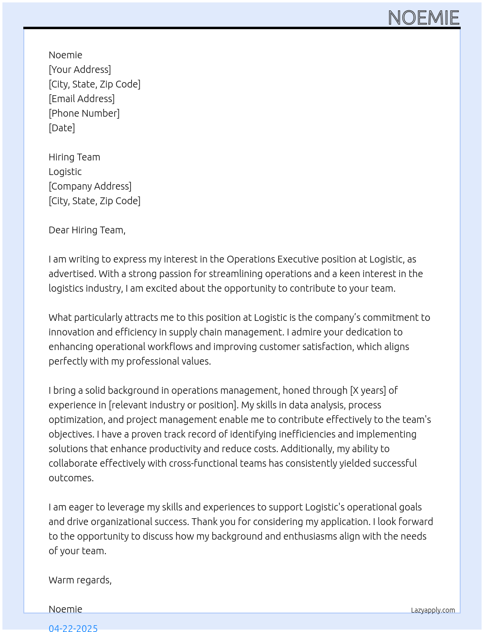 Cover letter for operation execurive - LazyApply