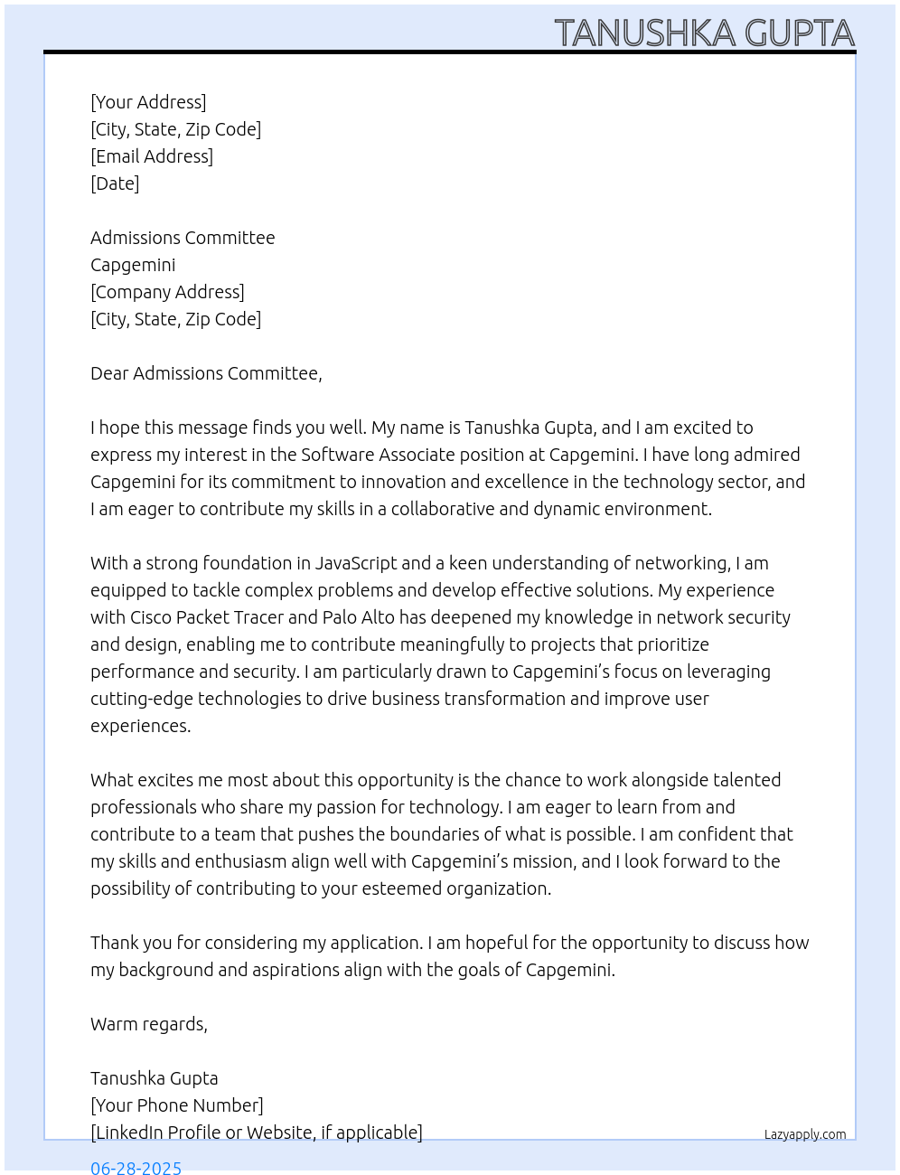 Cover letter for Capgemini - LazyApply