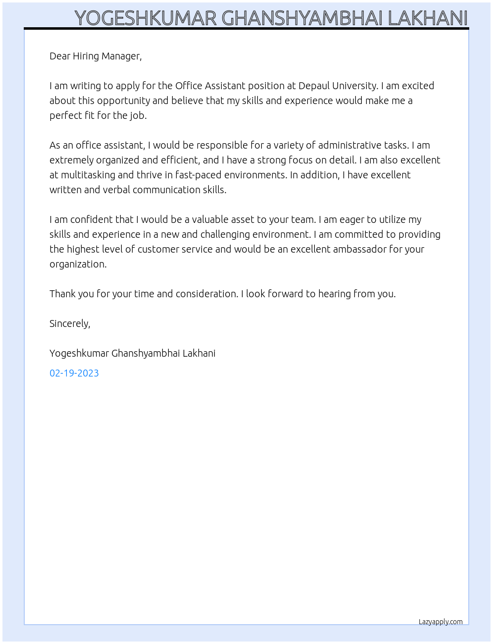 Cover Letter For Office Assistant LazyApply