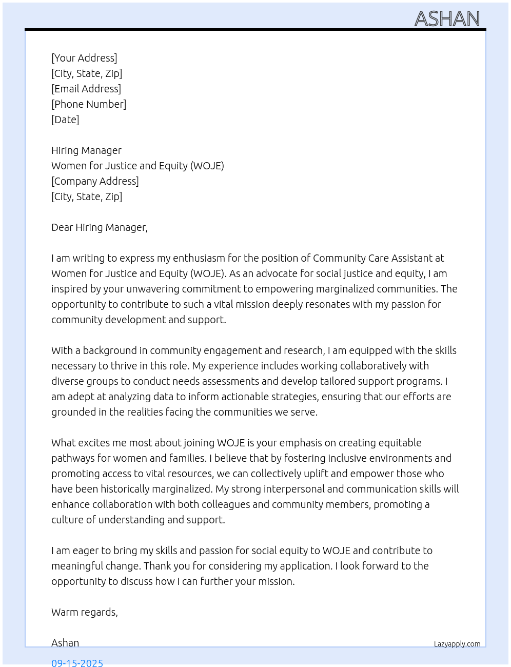 Cover letter for community care assistant - LazyApply