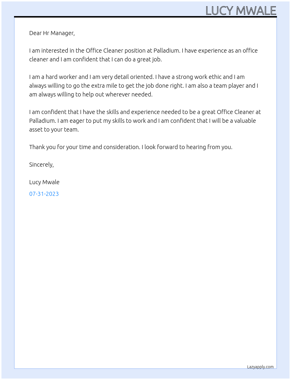 Cover letter for office cleaner - LazyApply