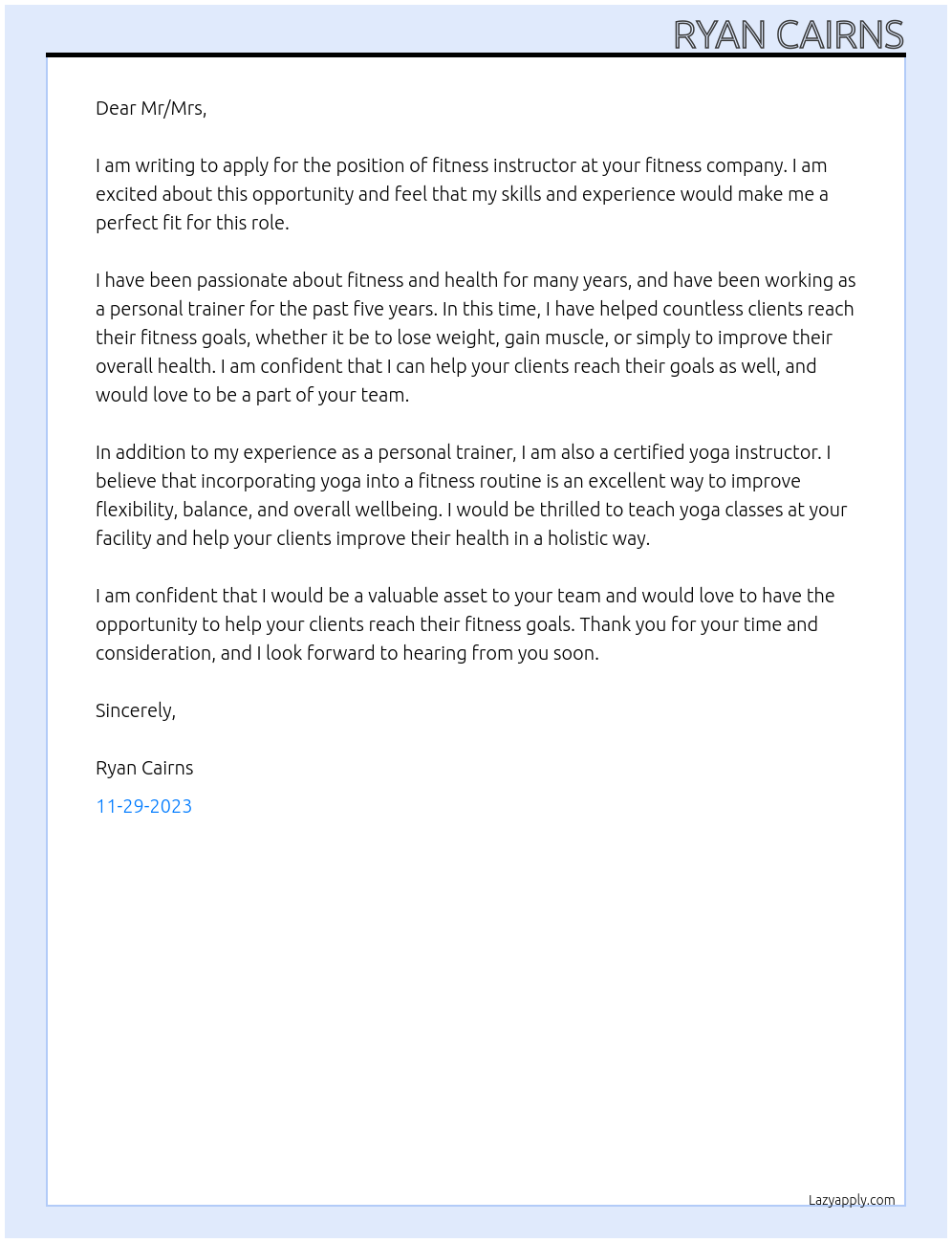 Cover letter for fitness instructor - LazyApply