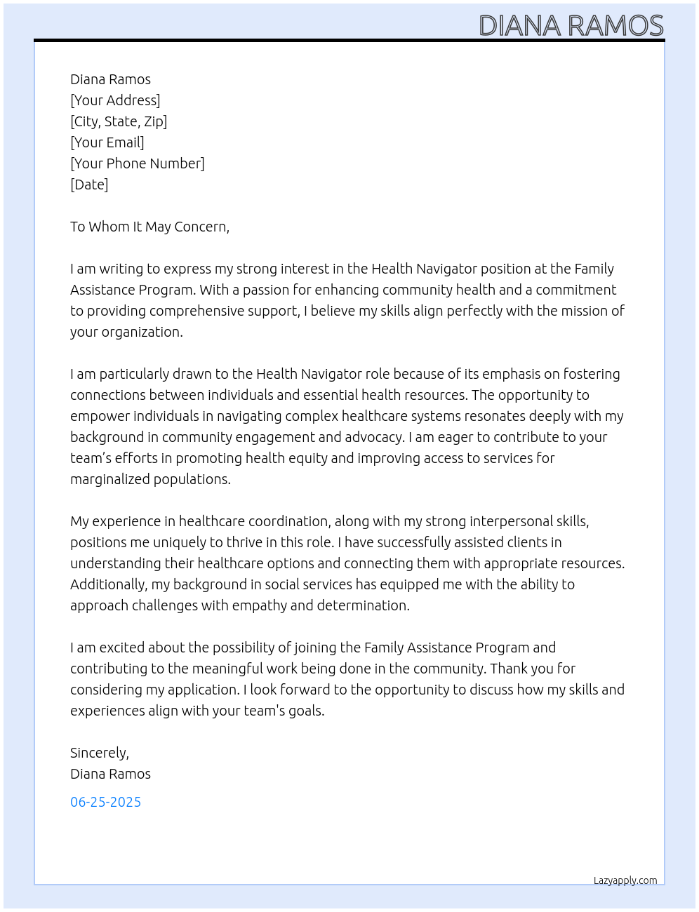 Cover letter for health navigator - LazyApply