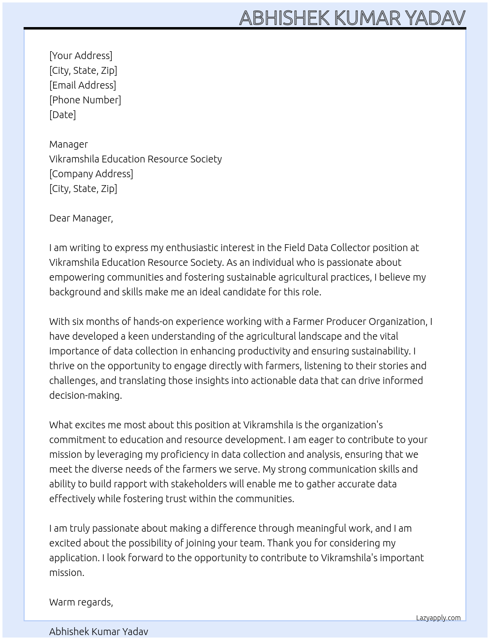 Cover letter for field data collector - LazyApply