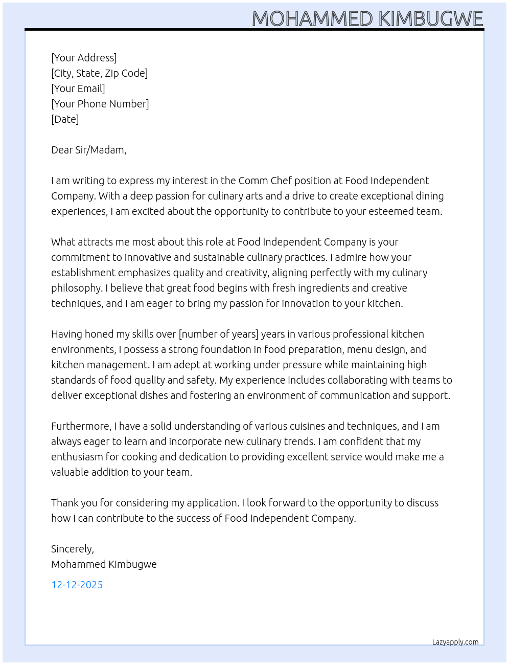 Cover letter for comm chef - LazyApply