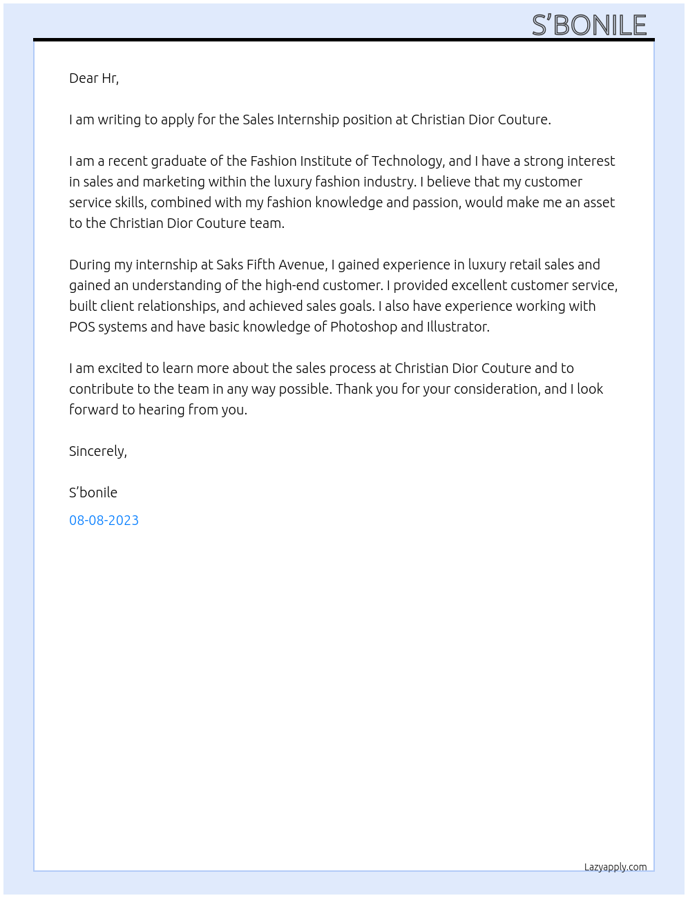 Cover letter for sales internship - LazyApply
