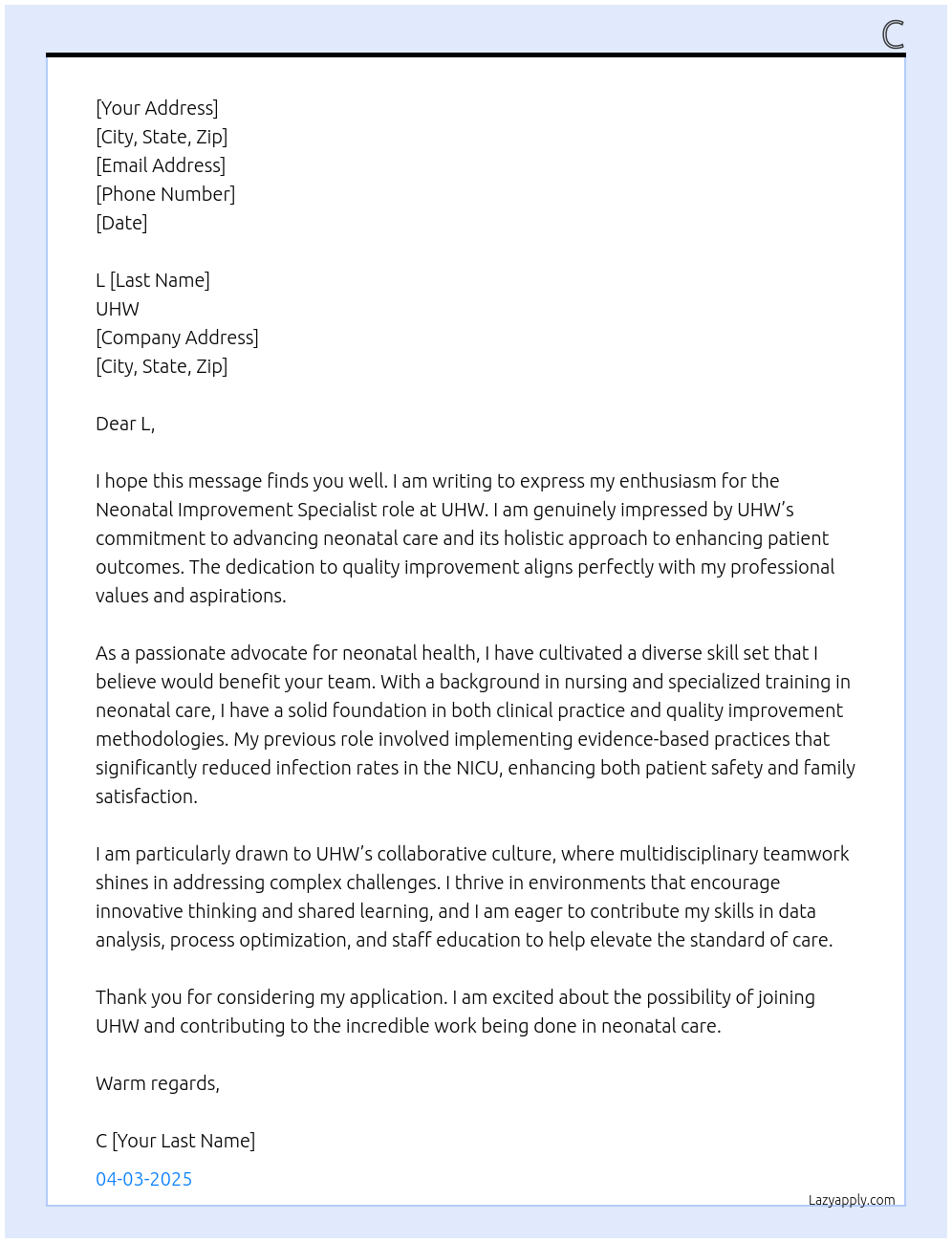 Cover letter for neonatal improvement specialist role - LazyApply