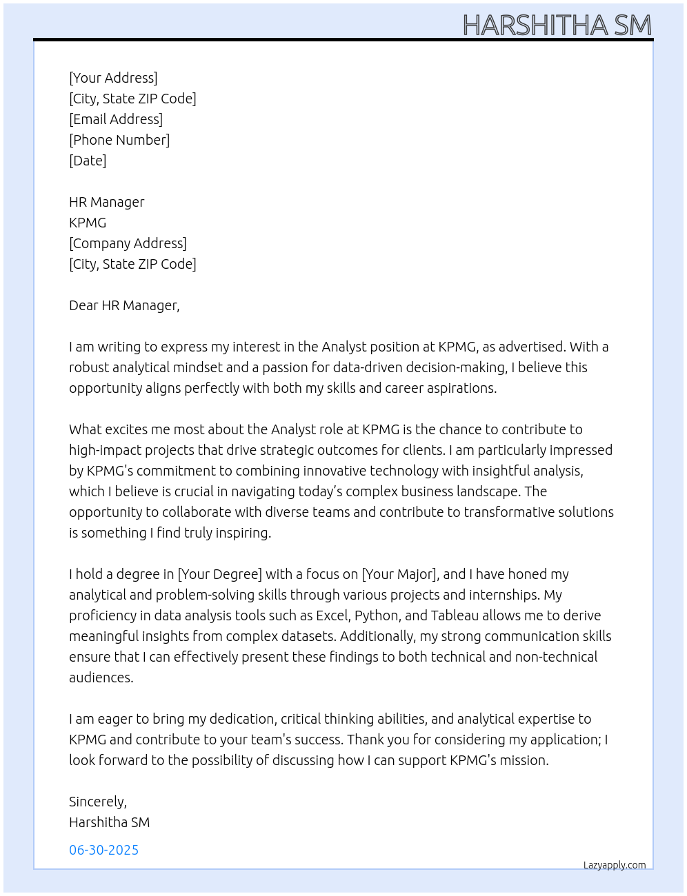 Cover letter for Analyst - LazyApply
