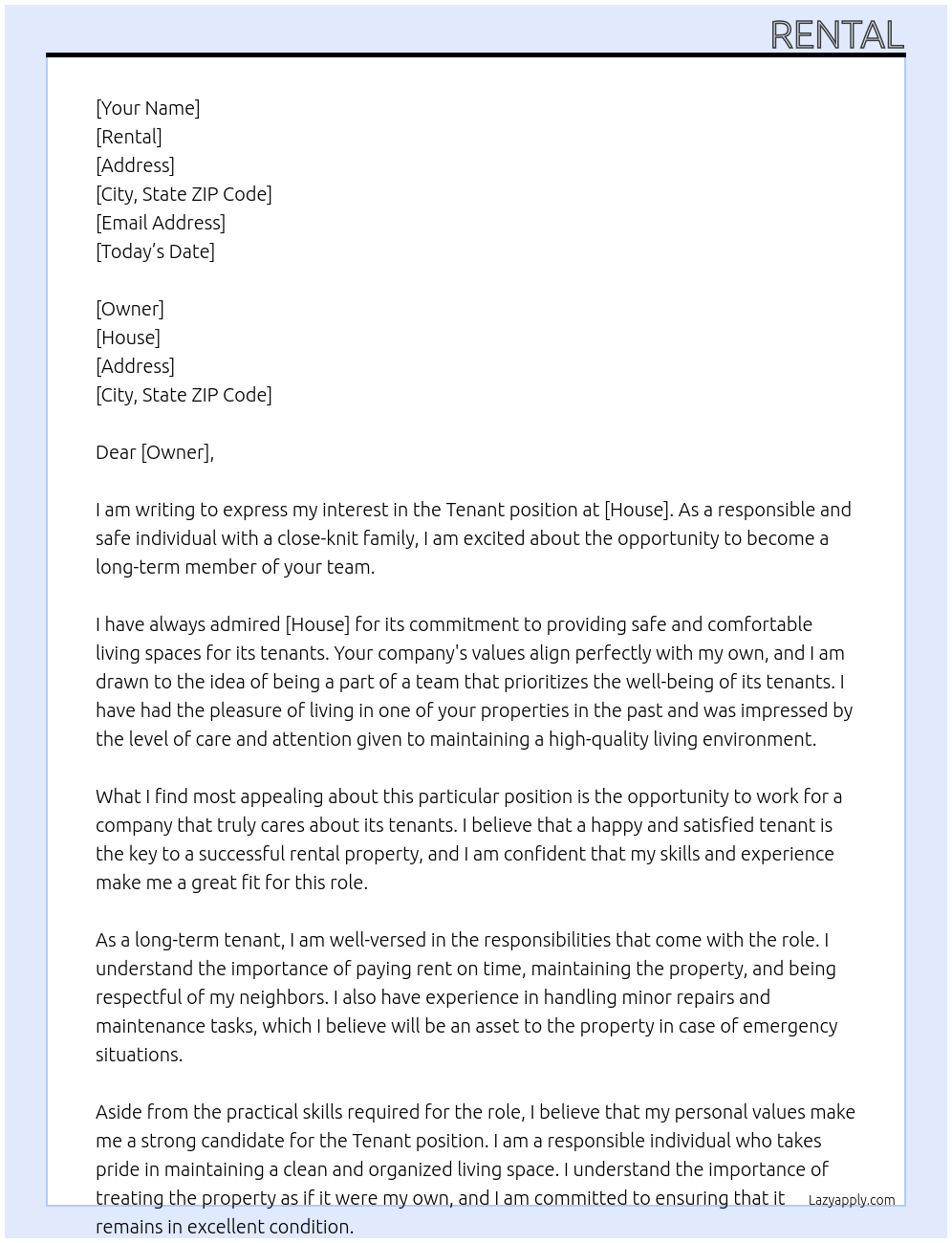 Cover letter for tenant - LazyApply