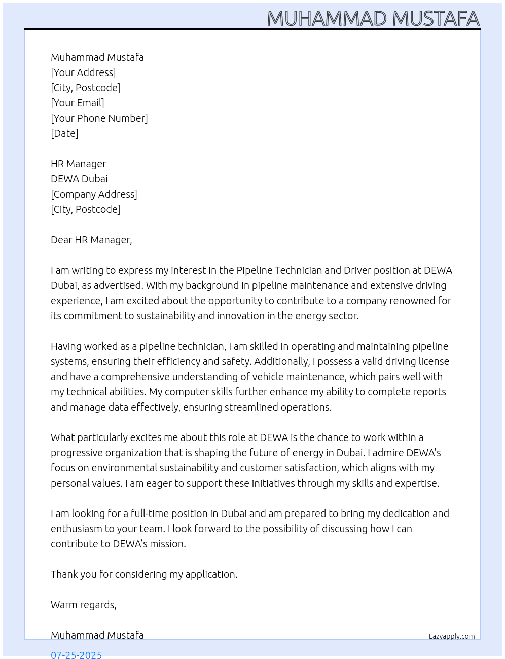 Cover letter for pipeline technician and driver - LazyApply