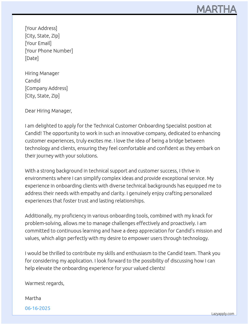 Cover letter for technical customer onboarding specialist - LazyApply