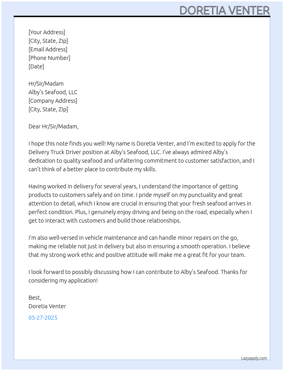 Cover letter for delivery truck driver - LazyApply