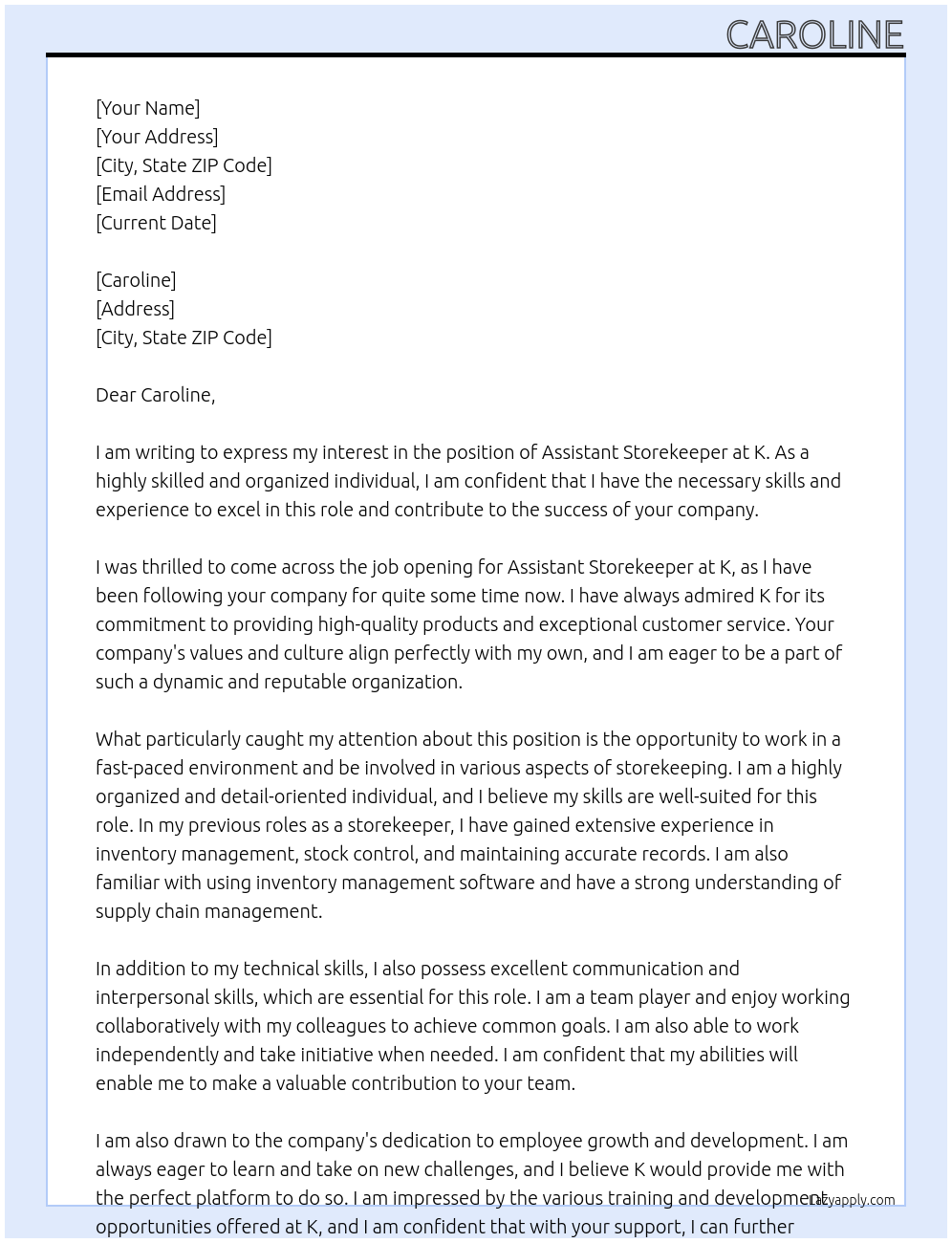 Cover letter for assistant storekeeper - LazyApply