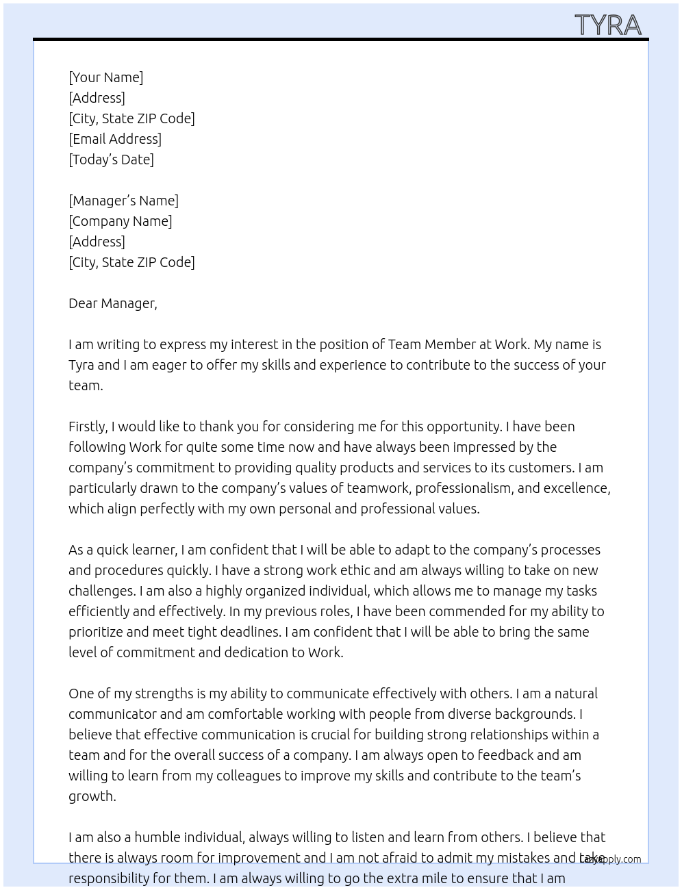 Cover letter for team members - LazyApply