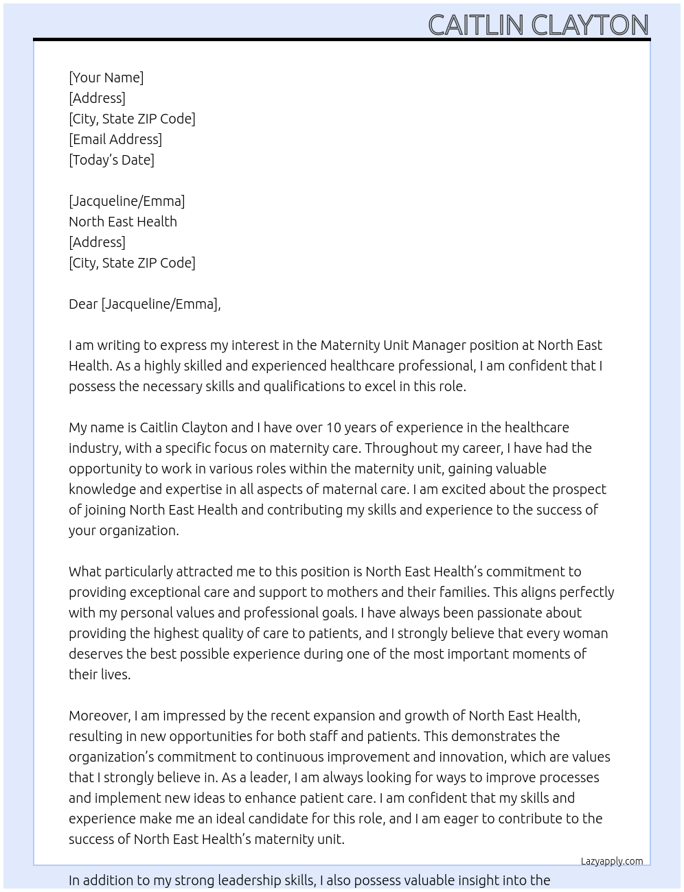 Cover letter for maternity unit manager - LazyApply