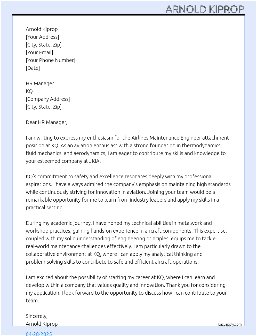 Cover letter for airlines maintanance engineer - LazyApply