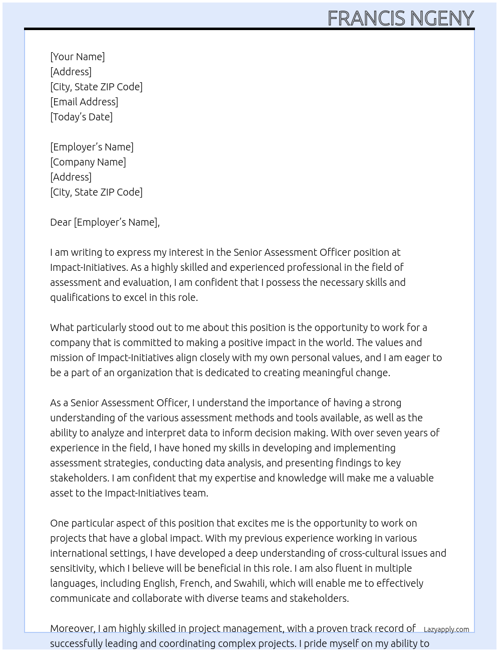 Cover letter for senior assessment officer - LazyApply