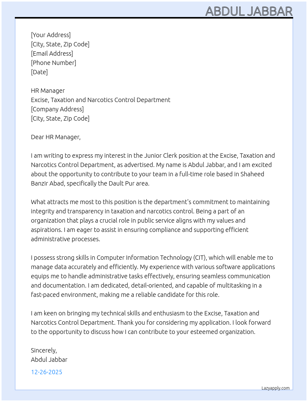 Cover letter for junoir clerk - LazyApply