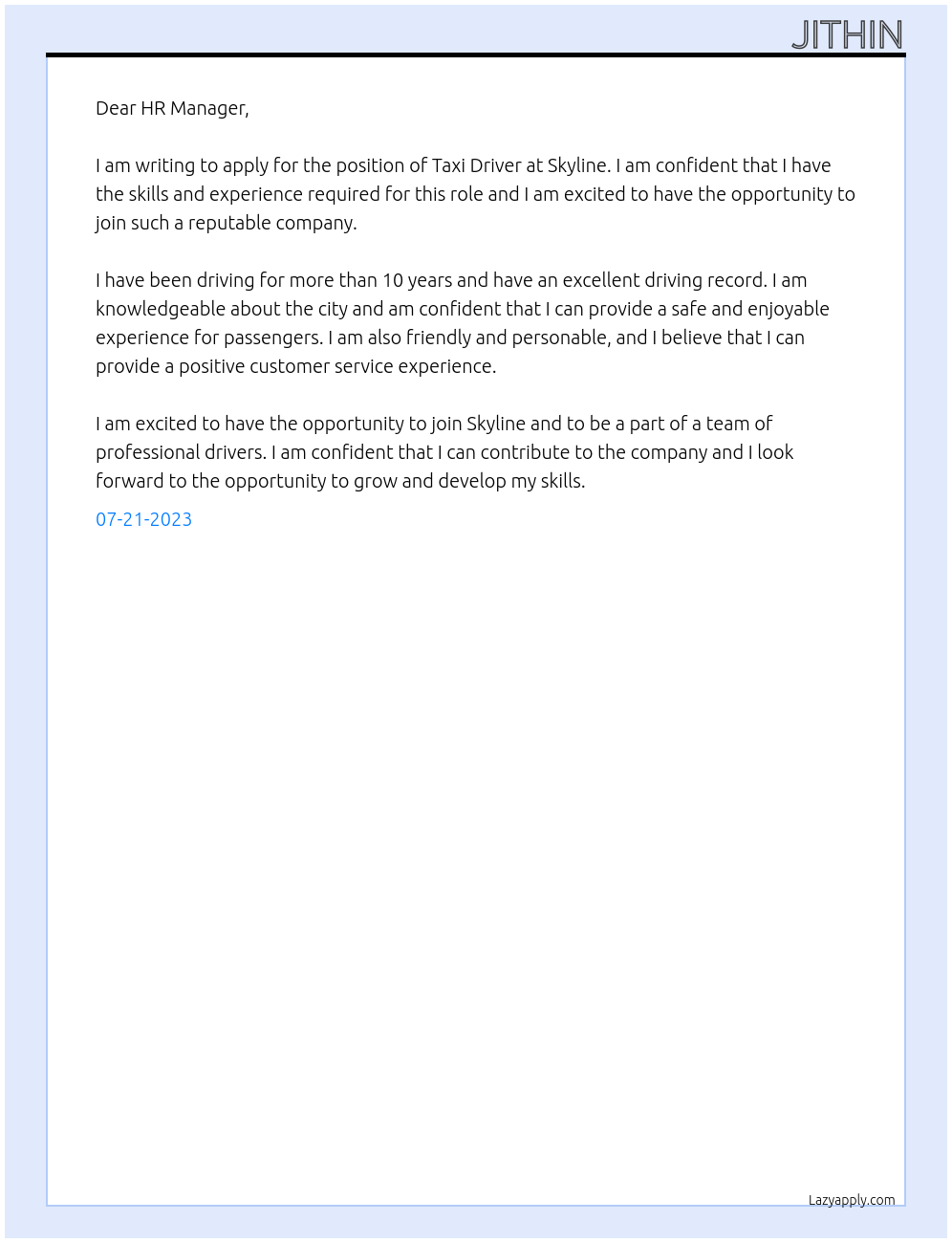 Cover letter for taxi driver - LazyApply