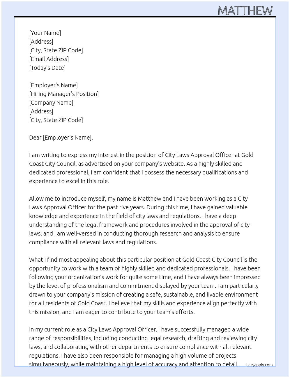 Cover letter for city laws approval officer - LazyApply