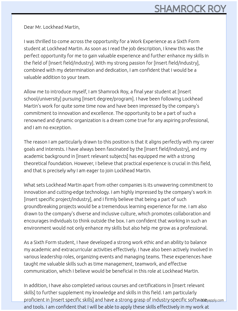 Cover letter for work experince as a sixth form student - LazyApply