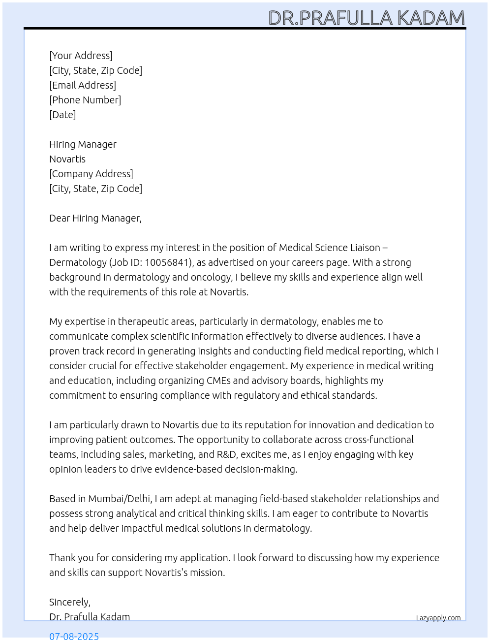 Cover letter for medical scientific liaison - LazyApply