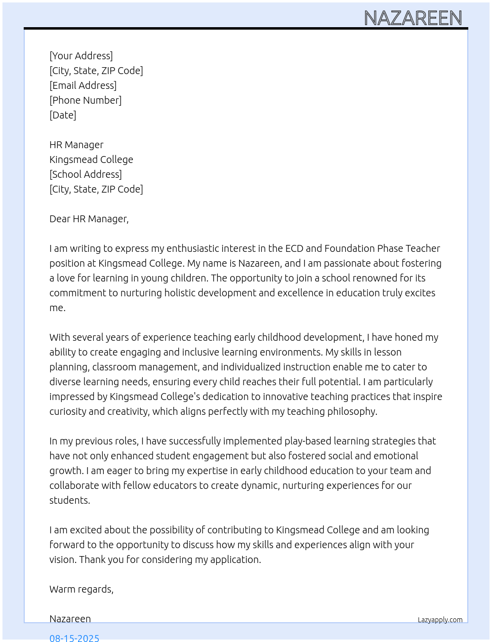 Cover letter for ecd and foundation phase teacher - LazyApply