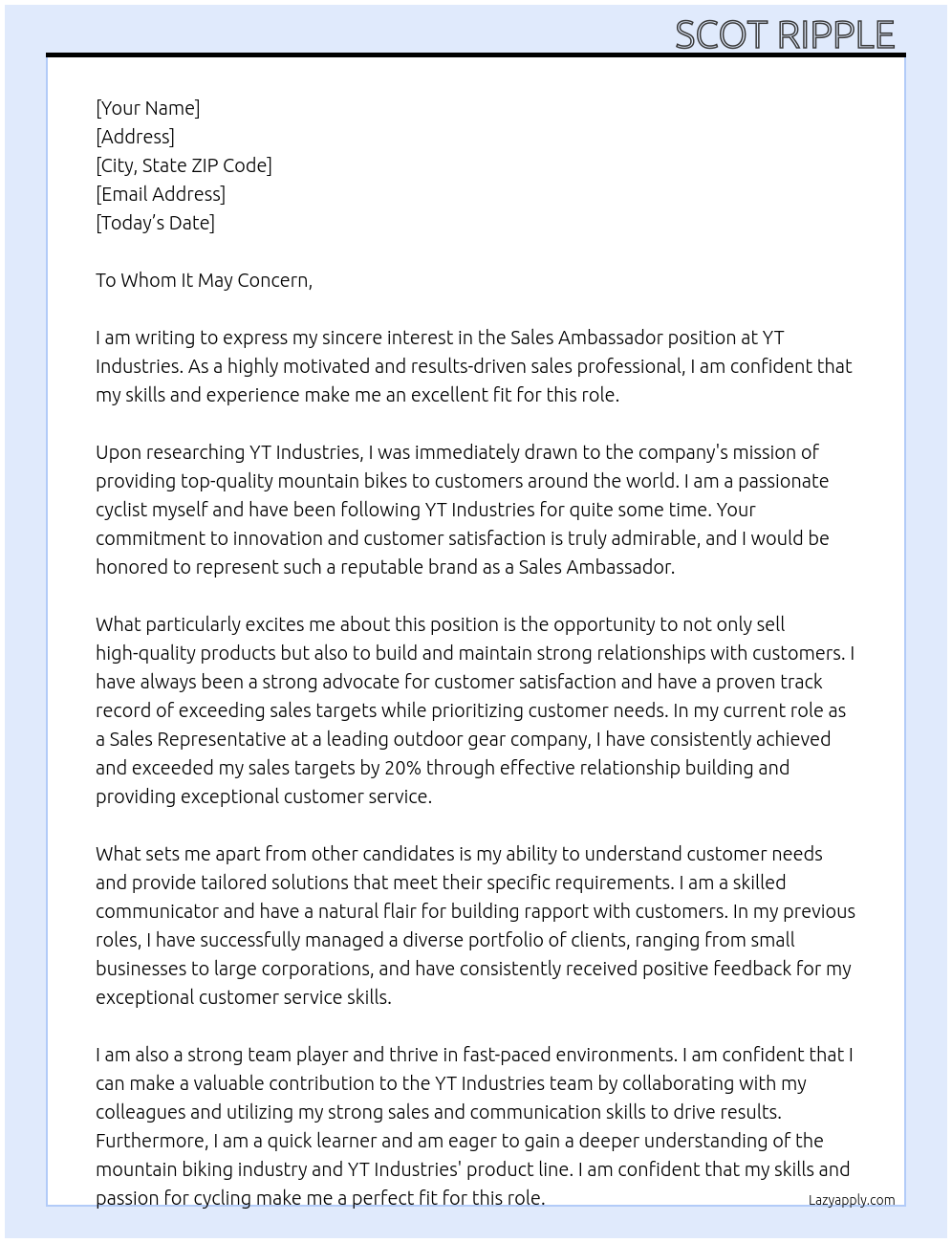 Cover letter for sales ambassador - LazyApply
