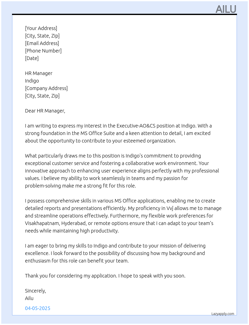 Cover letter for executive-ao&cs - LazyApply