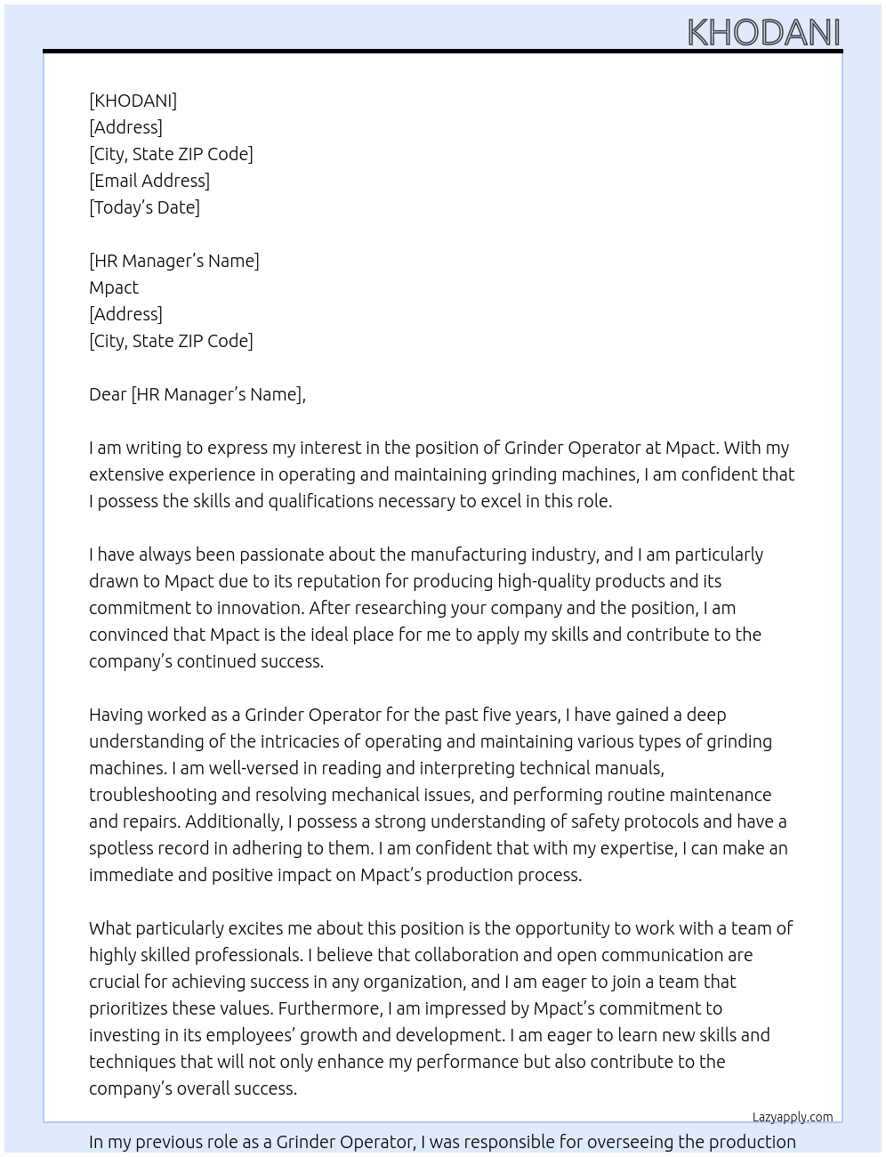 Cover letter for grinder operator - LazyApply