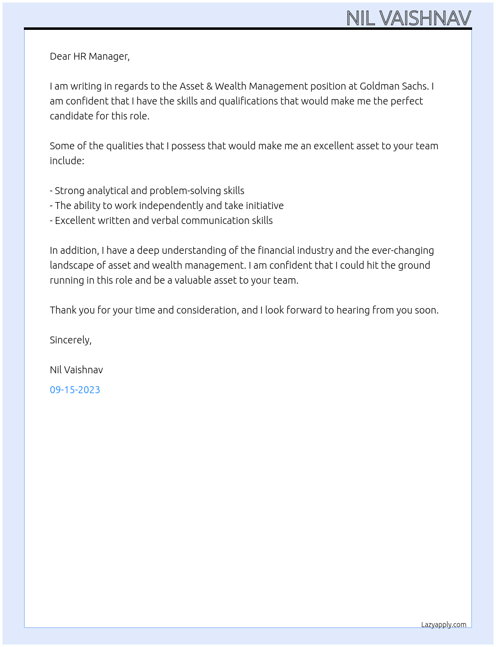 Cover letter for asset & wealth management - LazyApply