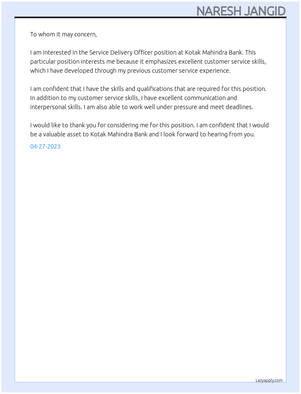 Cover letter for service delivery officer - LazyApply