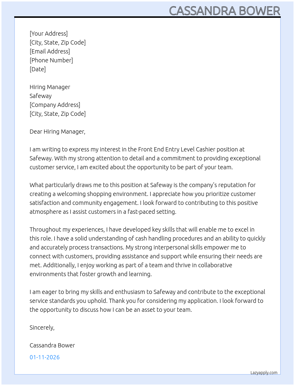 Cover letter for front end entry level cashier - LazyApply