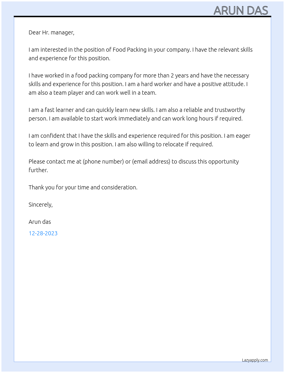 Cover letter for food packing - LazyApply