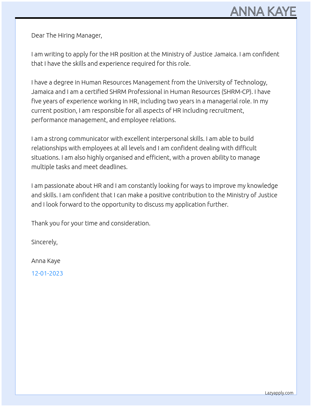 Cover letter for hr position - LazyApply