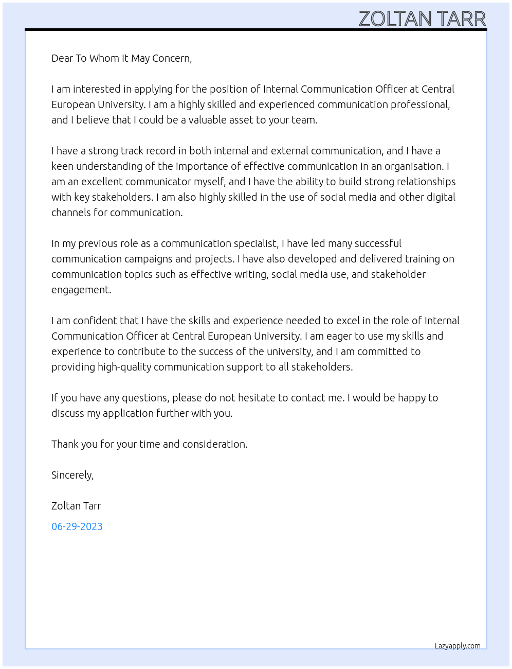 Cover letter for internal communication officer - LazyApply