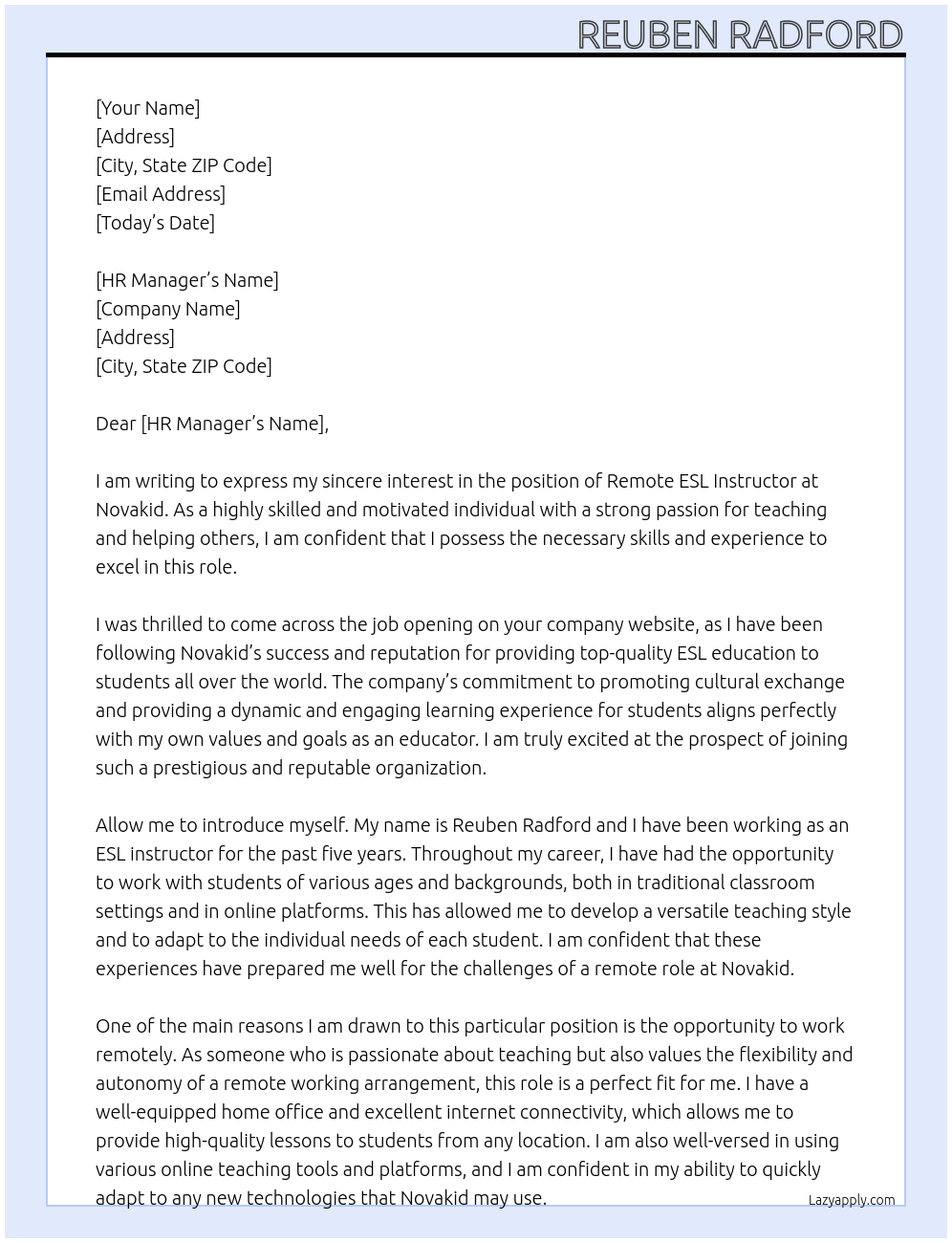 Cover letter for remote esl instructor - LazyApply