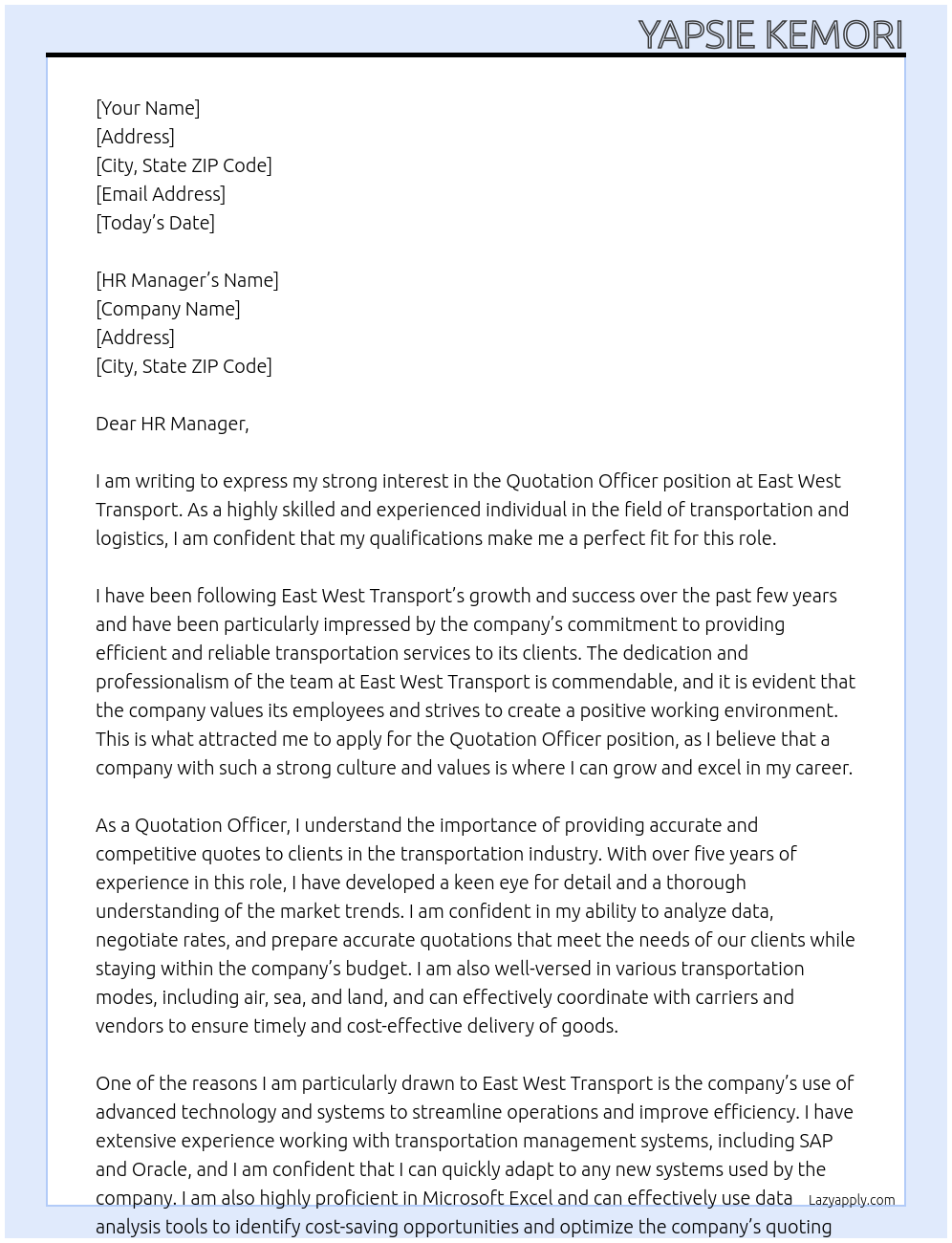 Cover letter for quotation officer - LazyApply
