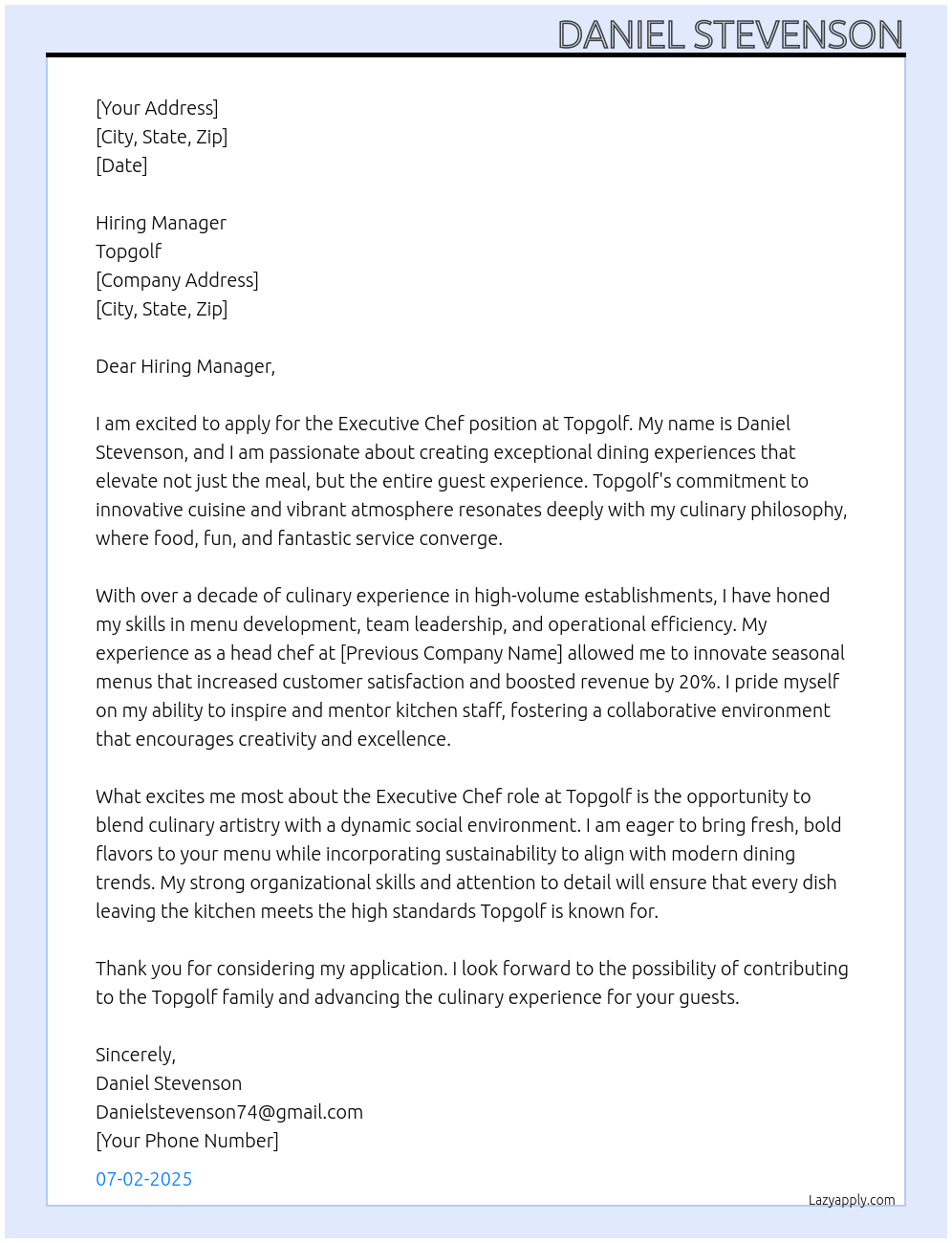 Cover letter for executive chef - LazyApply